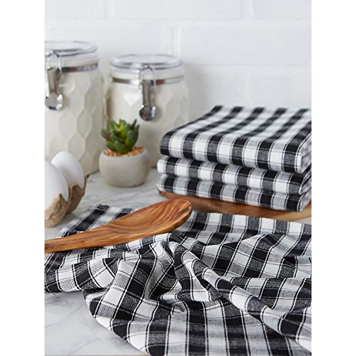DII French Check Kitchen Collection Decorative Oversized Cotton Dishtowels, 18x28, Black/White, 4 Piece
