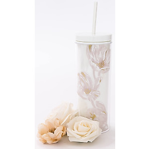Kate Spade New York Acrylic Bridal Tumbler with Lid and Straw, 24 oz Tumbler for Bride to Be, Slim Double Wall Tumbler, Growing Tulips