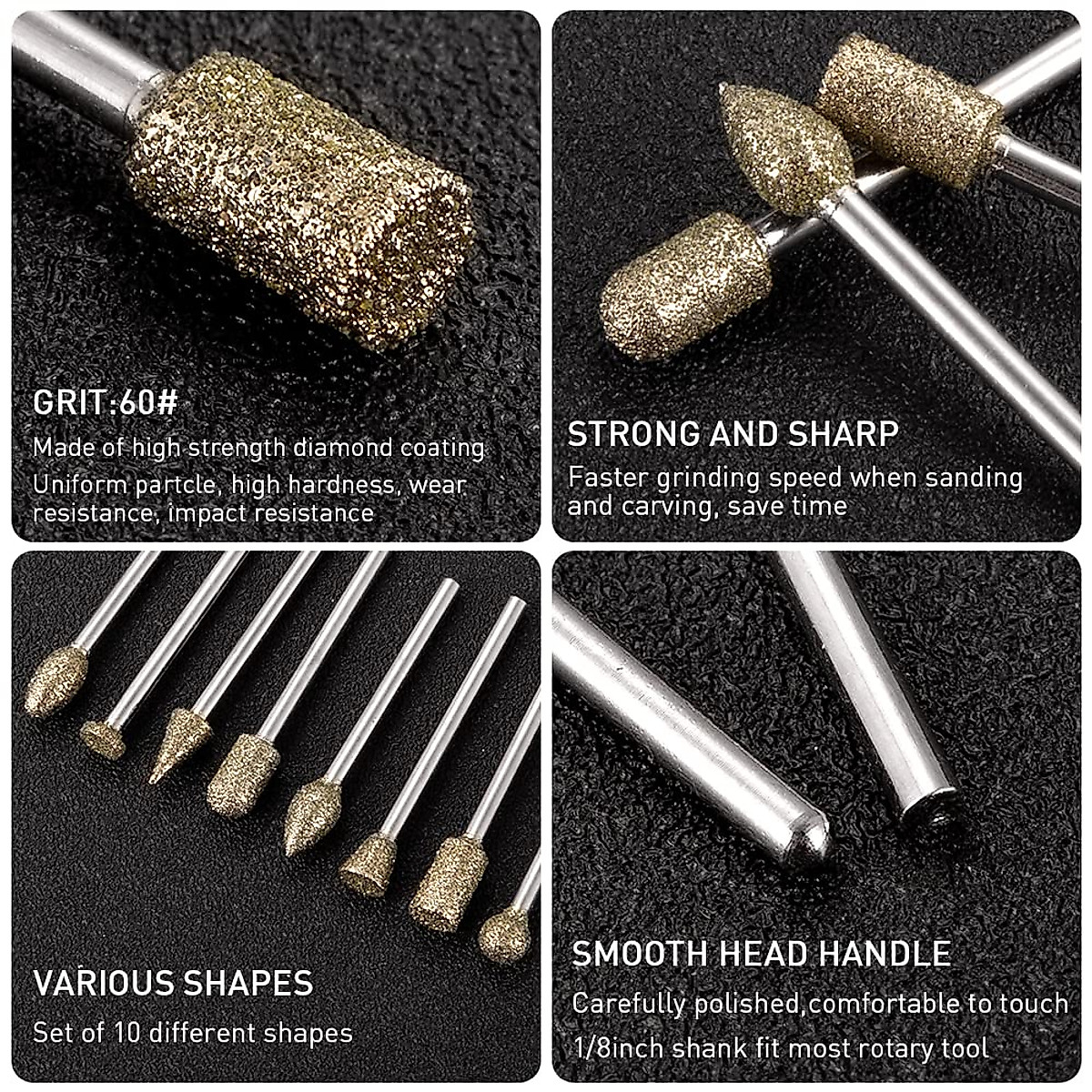 Diamond Grinding Burr Bit Set，20Pcs Rotary Tool Accessories Stone Carving Set with 1/8 inch Shank for Stone Ceramic Glass Carving, Grinding, Polishing, Engraving, Sanding