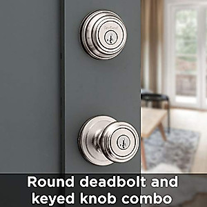 Kwikset Cameron Keyed Entry Door Knob and Single Cylinder Deadbolt Combo Pack with Microban Antimicrobial Protection featuring SmartKey Security in Satin Nickel