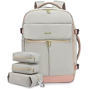 LOVEVOOK Carry On Backpack, 40L Travel Backpack Women with 3 Packing Cubes, TSA Airline Approved Suitcase Bag as Personal Item, Waterproof 17 inch Laptop Backpack for Weekender Overnight,Grey Pink