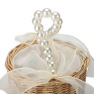 2PCS Wicker Rattan Flower Girl Basket Wedding Flower Girl Basket Pearl Carrying Basket Small Flower Basket with Pearl Handle Rattan Basket for Weddings Bridal Anniversary Party Decor(Brown)