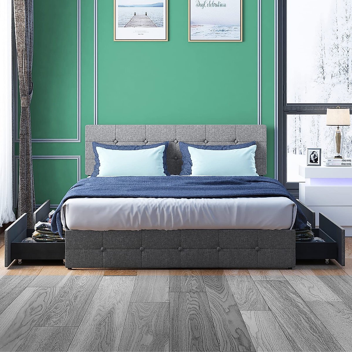 Mixoy Upholstered Platform Bed Frame with 4 Storage Drawers,Cal King Bed Frame with Square Button Tufted Adjustable Headboard, Wood Slat Support,No Box Spring Needed,No Mattress (Cal King,Dark Grey)