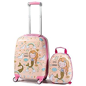 GYMAX 2Pc Kid Carry On Luggage Set, 12" & 18" Kids Suitcase with 4 Spinner Wheels, Travel Rolling Trolley for Boys and Girls, Gift for Toddlers Children (Mermaid)