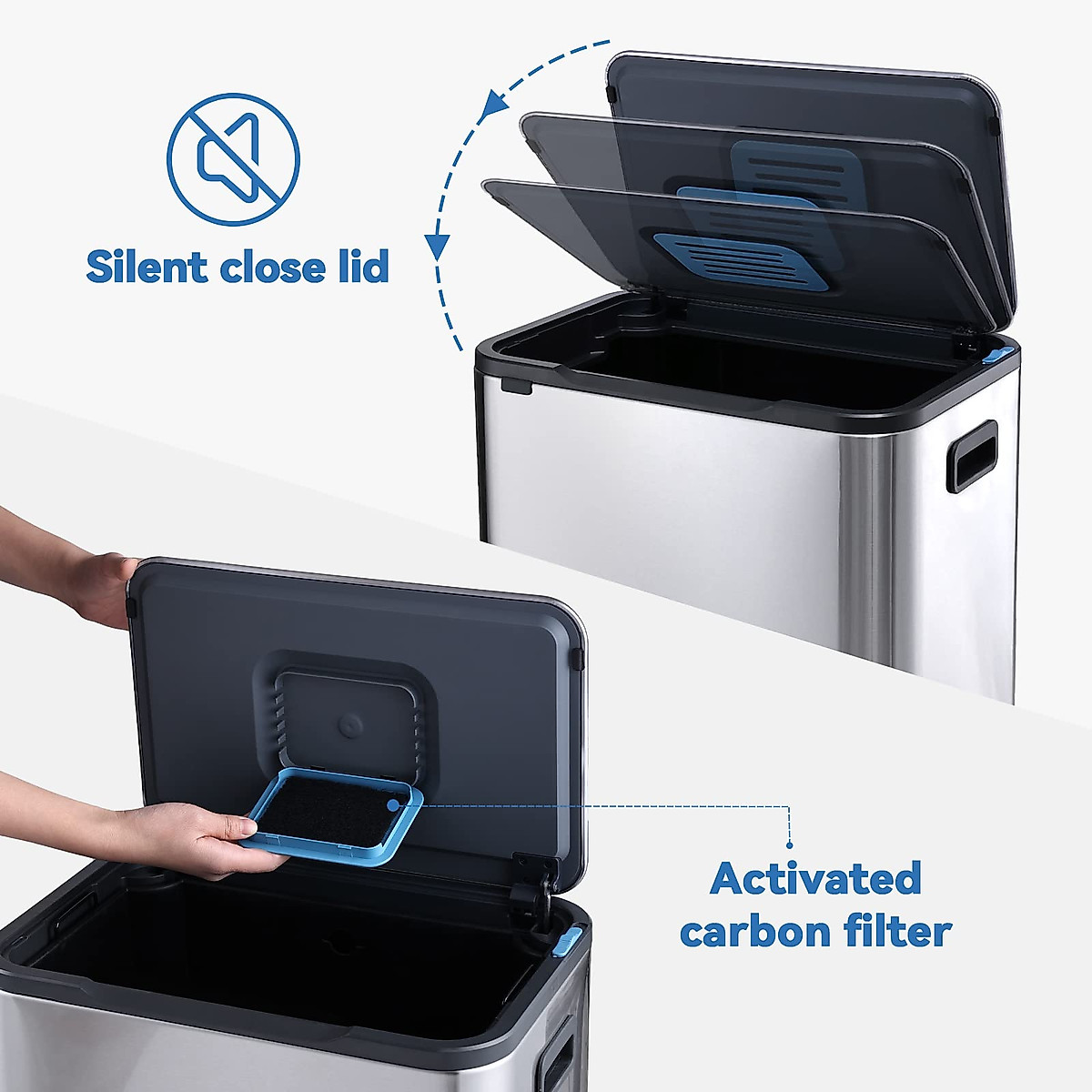 Kitchen Trash Can - ELPHECO - 13.2 Gallon Stainless Steel Garbage Bin with Soft Slow Lid, 50 Liter Pedal Trash Can, Durable Pedal, Removable Plastic Inner Bucket Waste Bin for Office, Kitchen, White