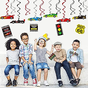 DECORLIFE Race Car Birthday Party Decorations, Car Theme Party Supplies Includes Checkered Flag Banner, Balloons, Hanging Swirls, Photo Booth Props, Traffic Signs, Racing Car Garland, Total 70PCS