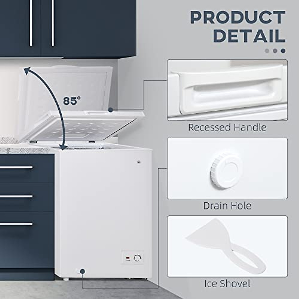 HOMCOM Compact Chest Freezer 3.5 Cubic Feet with Removable Basket, Mini Deep Freezer with Single Door 7 Temperature Setting, Drain Hole for Apartment, Kitchen, or Home Office, White
