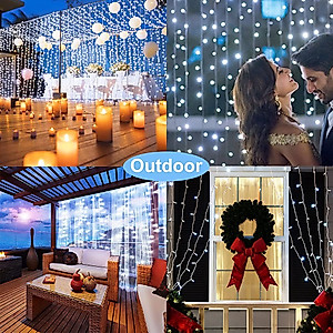 Solar Curtain Lights Outdoor Garden 300 LED Fairy String Lights 8 Modes Remote Control Waterproof Solar Waterfall Lights for Gazebo Patio Party Home Festival Wedding Wall Christmas Decorations(White)