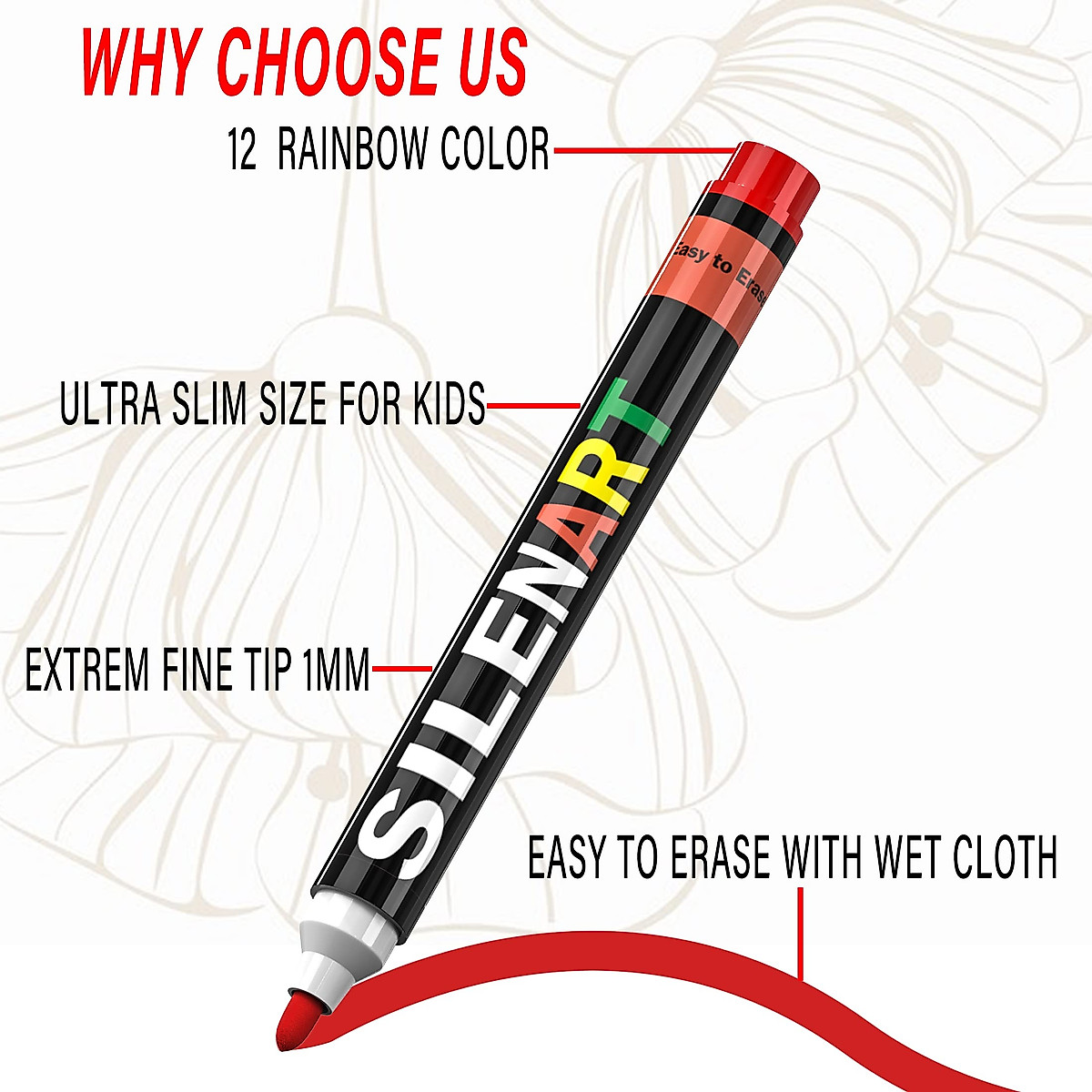 SILENART Chalk Markers for Chalkboard, Chalk Pens Fine Tips, Liquid Chalk Markers Erasable Neon Chalk Marker for Kids, Chalkboard Markers for Signs Labels Menu Board Window Glass - 12 Pack