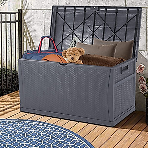 Cemeon 120 Gallon Outdoor Large Deck Storage Box, Resin Wicker Patio Storage Container for Patio Cushions, Gardening Tools and Toys (Dark Gray)