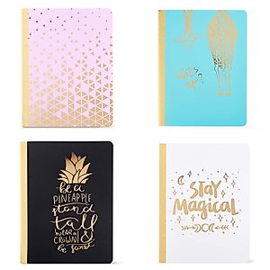 Pen + Gear 4-Pack Poly Composition Notebook, Single Subject, 9-3/4" x 7-1/2", College Ruled, 80 Sheet, Gold Foil Girly Set; Teal, Black, Pink, Purple, and White (Various Patterns)