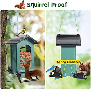 Squirrel Proof Bird Feeder for Outdoors Hanging, Metal Hanging Bird Feeder with Bilateral Weight-Activated Perches, 8LBS Large Capacity Wild Bird Feeder, Squirrel Chewing Proof