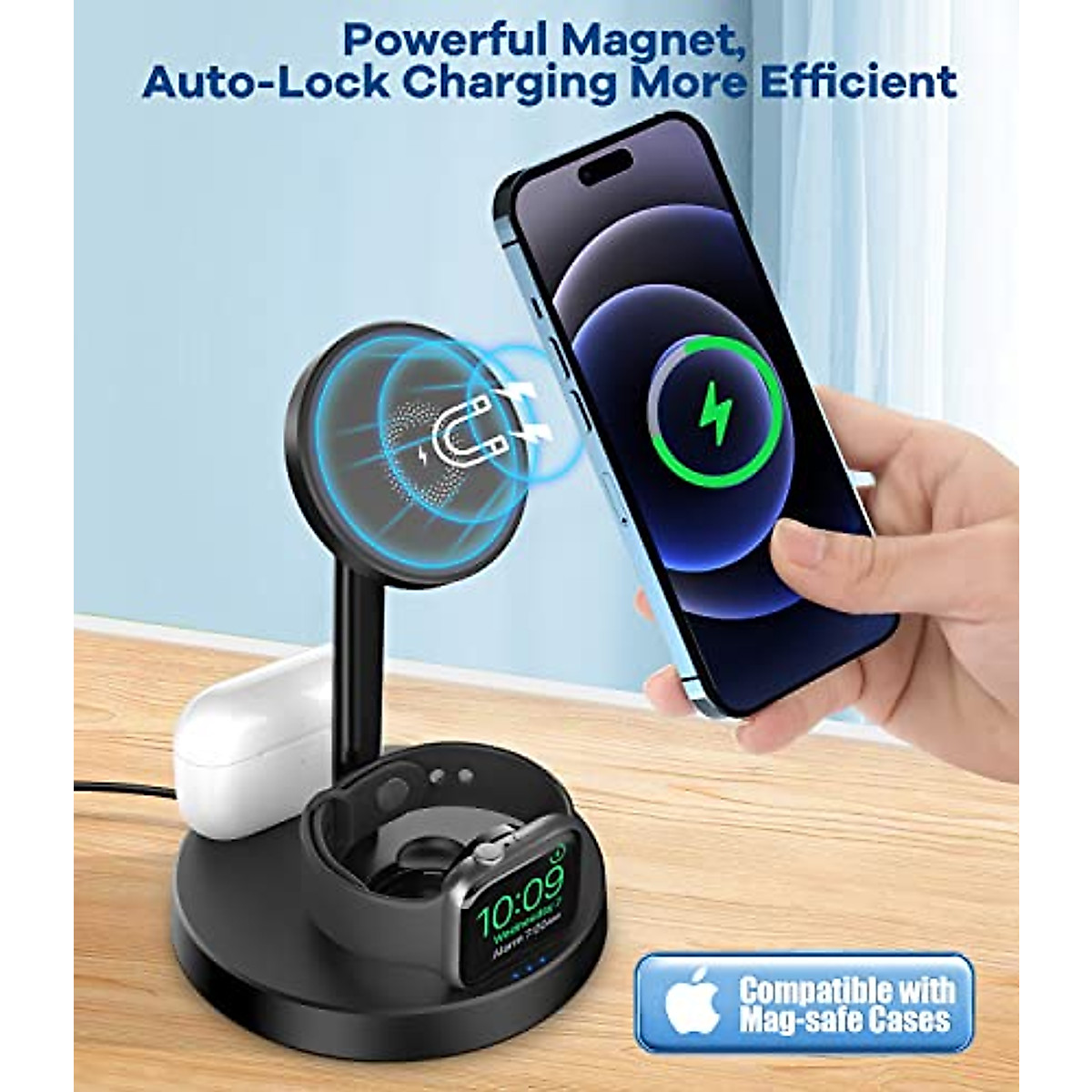 Mag-Safe 3 in 1 Wireless Charging Station, 15W Fast Magnetic Wireless Charger Stand for iPhone 14/13/12Pro/Pro Max/Mini/Plus, Apple Watch Ultra/8/7/6/SE/5/4/3/2, Airpods 3/2/1/Pro with QC3.0 Adapter