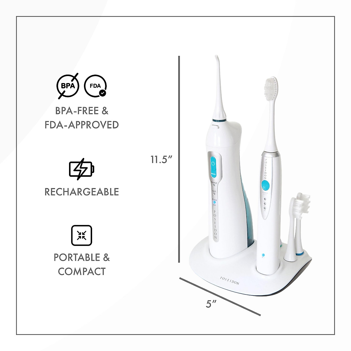 ToiletTree Products Poseidon Irrigator and Toothbrush Combo - Rechargeable Sonic Toothbrush and Oral Irrigator to Support Oral Health and Fight Bad Breath - Comes with Extra Tips for Multiple Users