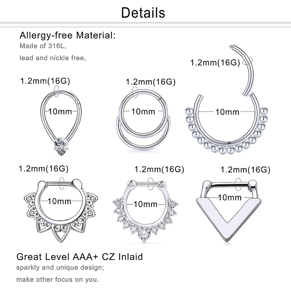 Dyknasz Septum Jewelry 16G Surgical Steel Nose Rings Hoop Septum Clicker Ring with Clear Diamond CZ Cartilage Helix Daith Earring Piercing Jewelry for Women Men 10mm (3/8")