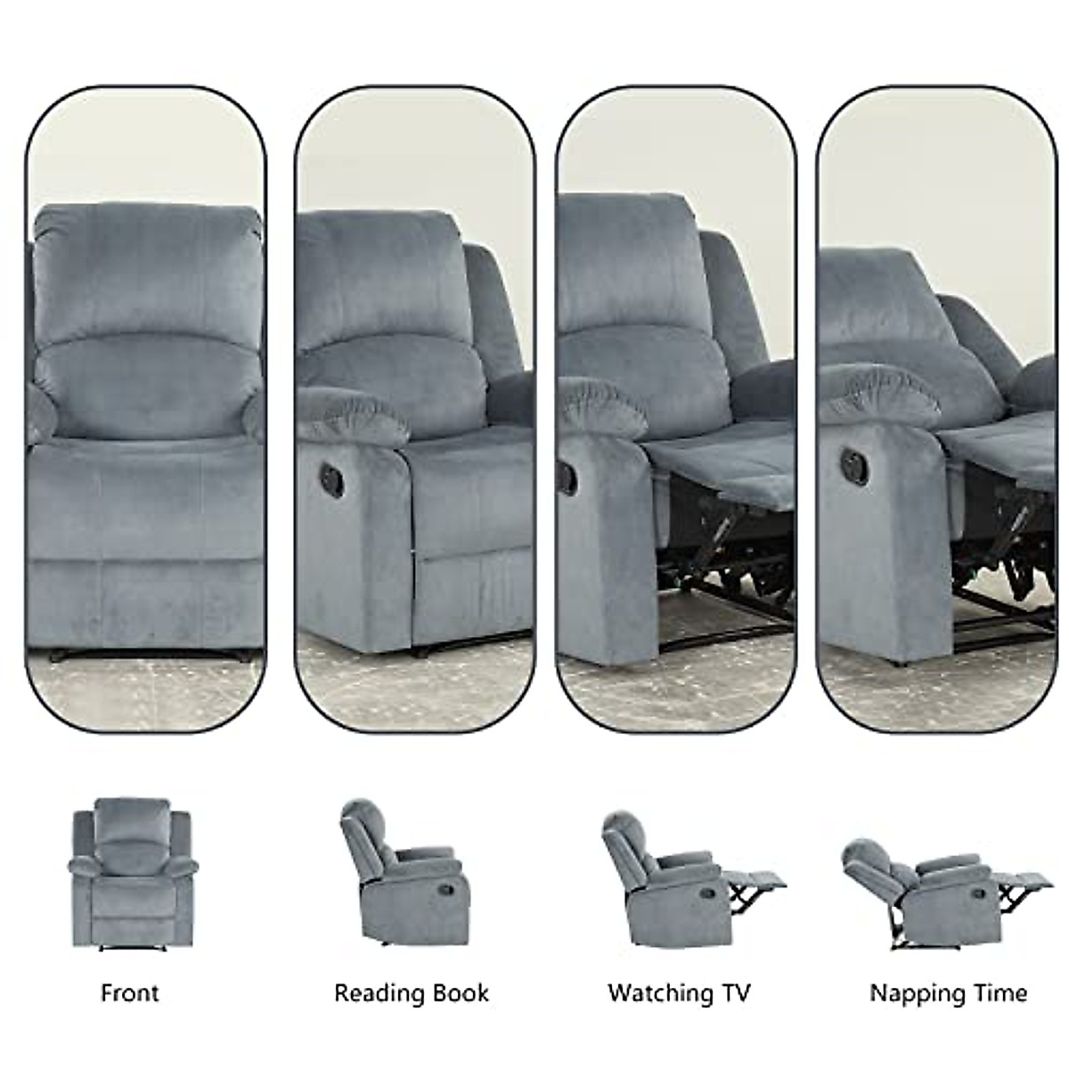 CANMOV Manual Recliner Chair, Soft Fabric Overstuffed Recliner Single Sofa Chair for Living Room, Heavy Duty and Safety Reclining Mechanism (Gray)