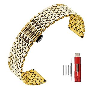 SINAIKE Multi Stripes 18mm Gold Two Tone Watch Strap Tapered Engravings Stainless Steel Metal Watch Band for Men Women