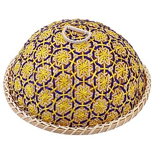 generic Hand- Woven Round Rattan Serving Tray with Food Dome Lid Cover for Picnic Party Bread Cake Pizza Dry Fruit Dessert Yellow Q1519432BAA 28x28cm