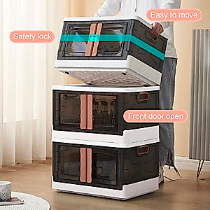 Storage Bins with Lids - Stackable Plastic Storage Bins with Wheels, Folding Box with Open Front Doors, 4 Pack Collapsible Closet Storage Box for Organizer Extremely Durable, Office Storage Cabinet