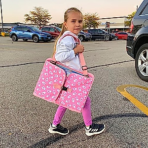 MENZOKE Kids Travel Tray for Toddler Car Seat, Lap Tray for Girl Activities with Dry Erase Board & Cooler Cup Holder, Road Trip Essentials Accessories with No-Drop Large Tablet iPad Holder Stand,Pink