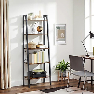 Ladder Shelf, 5-Tier Bookshelf, Storage Rack, Bookcase with Steel Frame, for Living Room, Home Office, Kitchen, Bedroom, Industrial Style, Rustic Brown and Black