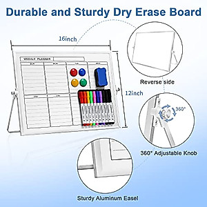 Weekly Dry Erase Board, White Board Dry Erase 16"X12", Double-Sided Magnetic Whiteboard Dry Erase Calendar with Stand for Wall and Desktop, Portable Calendar Whiteboard for Drawing, Writing, Planning