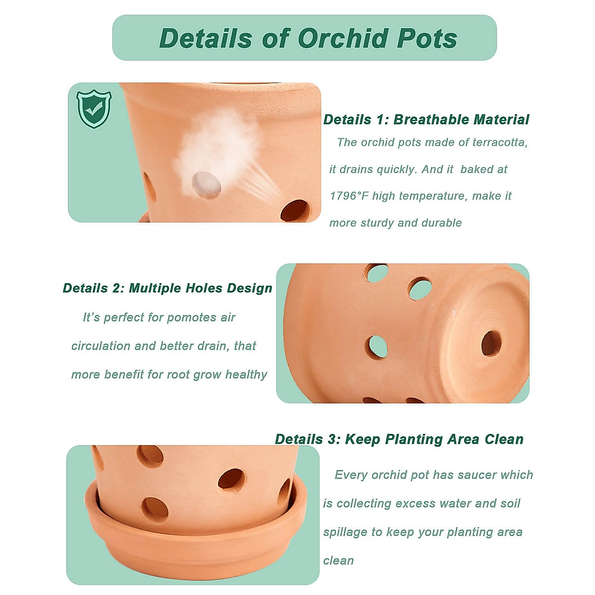 vensovo 6 Inch Terracotta Orchid Pots with Holes and Saucers - 3 Pcs Small Clay Orchid Planter Pots for Repotting, Plant Flower Pots for Orchid Indoor and Outdoor Promotes Air Circulation