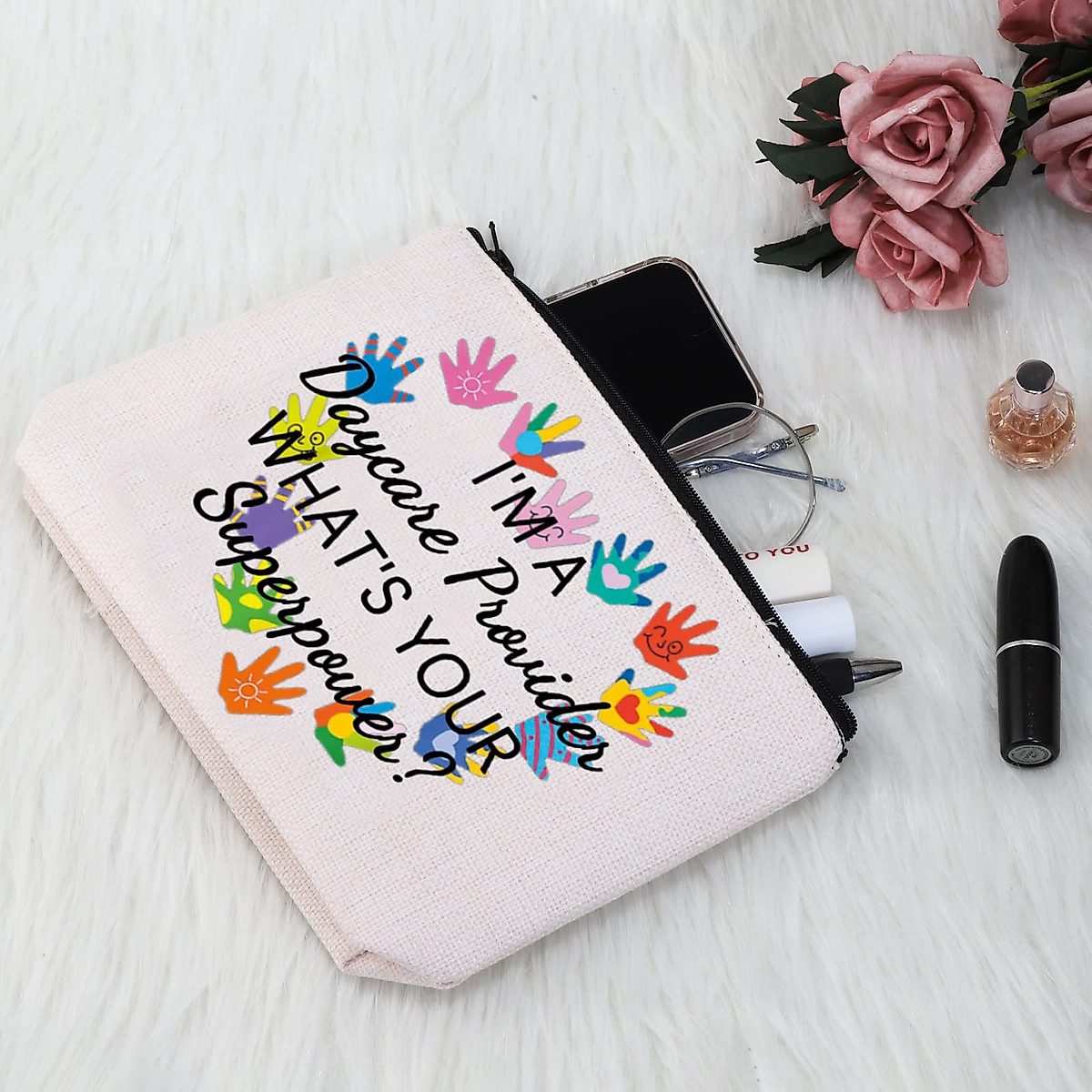 G2TUP Childcare Provider Gift I’m A Daycare Provider What’s Your Superpower Zipper Makeup Bag Childcare Teacher Appreciation Cosmetic Bag Travel Bag (Daycare Provider White Bag)