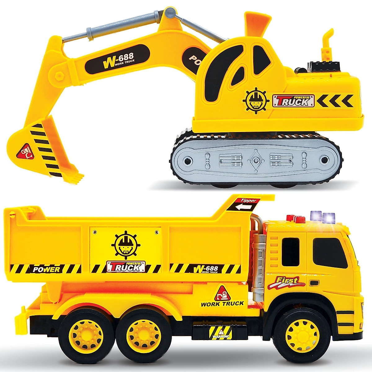 MOBIUS Toys 4-in-1 Construction Vehicle Bundle - 1:12 Scale Dump Truck, Flatbed and 2 Excavators with Lights and Sounds, Push and Go Realistic Big Truck Toy, Construction Vehicle Excavator Toy