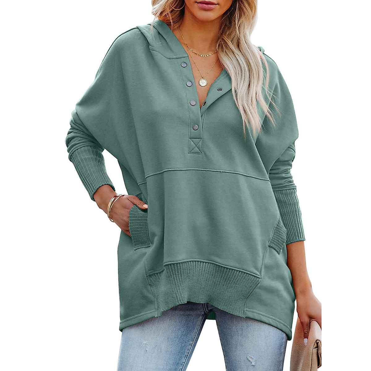 PRETTYGARDEN Loose Casual Button V Neck Hoodies for Women Long Sleeve Oversized Pullover Sweatshirt Hooded Tops Fall with Pockets (Bean Green,Large)