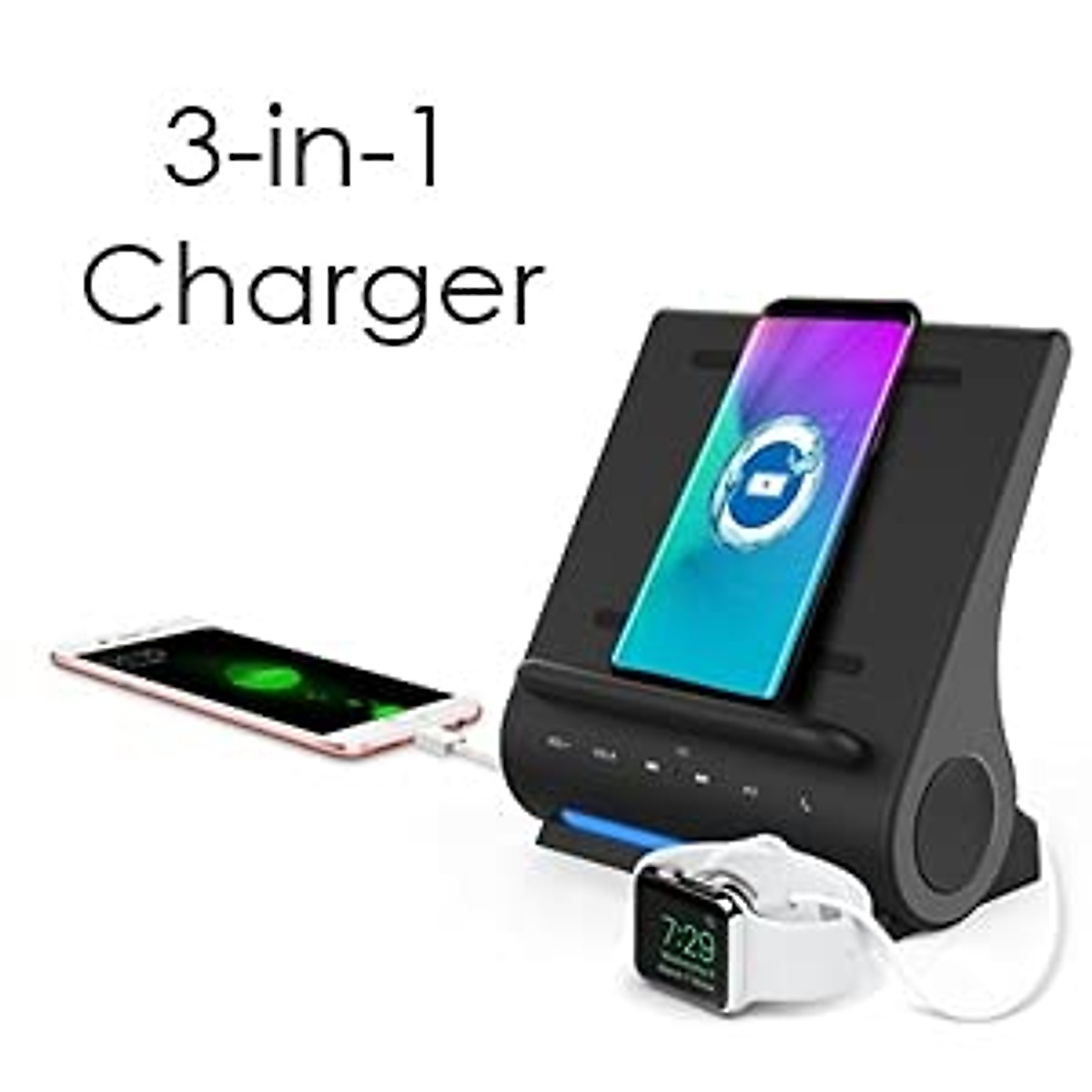 Fast 15 Watts Wireless Charger Sound Hub Bluetooth Speaker with Upgraded Mic Handsfree Calling Two USB Ports, Upright View Angle, Space Saving 4 in 1 Dock