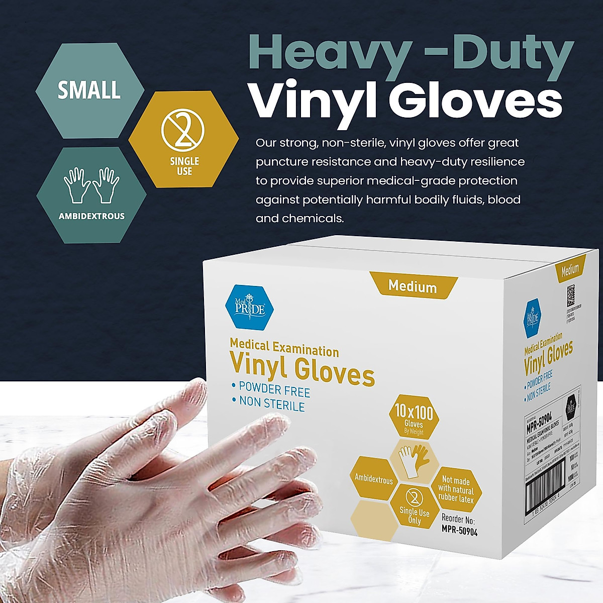 MedPride Powder-Free Vinyl Exam Gloves, Large, Case/1000 (10 Boxes of 100)