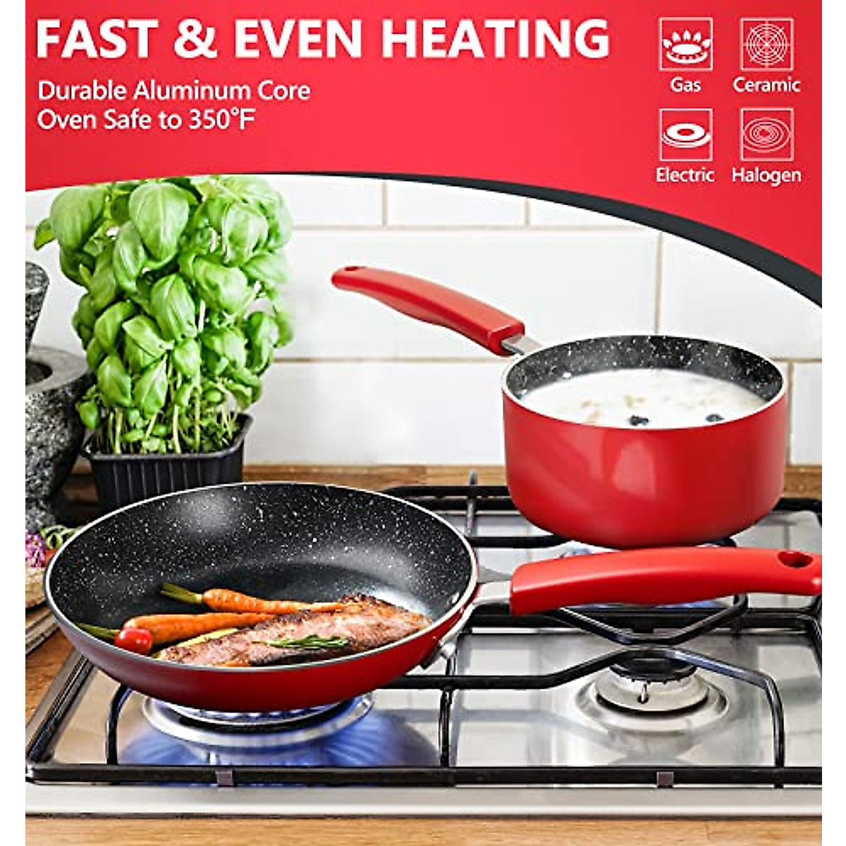 MICHELANGELO Pots and Pans Set Nonstick, 15 Pcs Kitchen Cookware Sets with Porcelain Enamel Exterior and Nonstick Granite-derived Coating, Enamel Cookware Set with 5 Utensils - Red