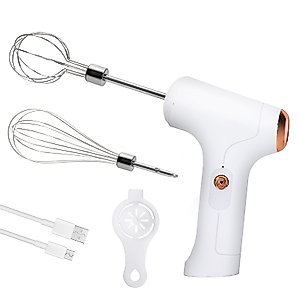 CHIDOYII Cordless Hand Mixer, Handheld Electric Whisk with 3 Speed Modes, Hand Held Egg Beater with 2 Detachable Stir Whisks (White)