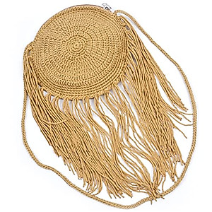 Straw Beach Bag Purse Tassel Fringe Macrame Boho Hippie Design, For Women Summer Party, Evening Nights Out, Crossbody Shoulder (20cm Round, Light brown)