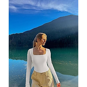 OQQ Women's 2 Piece Shirt Long Sleeve Square Neck Stretch Fitted Underscrubs Layer, Black,beige, Large