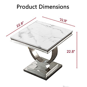 Mid-Century Modern White Marble End Table w/Silver U-Shaped Stainless Steel Base Night Stand Square End Table for Living Room Luxury Sofa Side Table witn High Glossy Finish