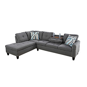 LOPOO 97" Linen Fabric L-Shaped Modular Sectional Sofa, Left-Facing Upholstered Couch with 69" Chaise Lounge, Button Tufted Design, Foldable Backrest with Cup Holders, Grey Living Room Furniture Set
