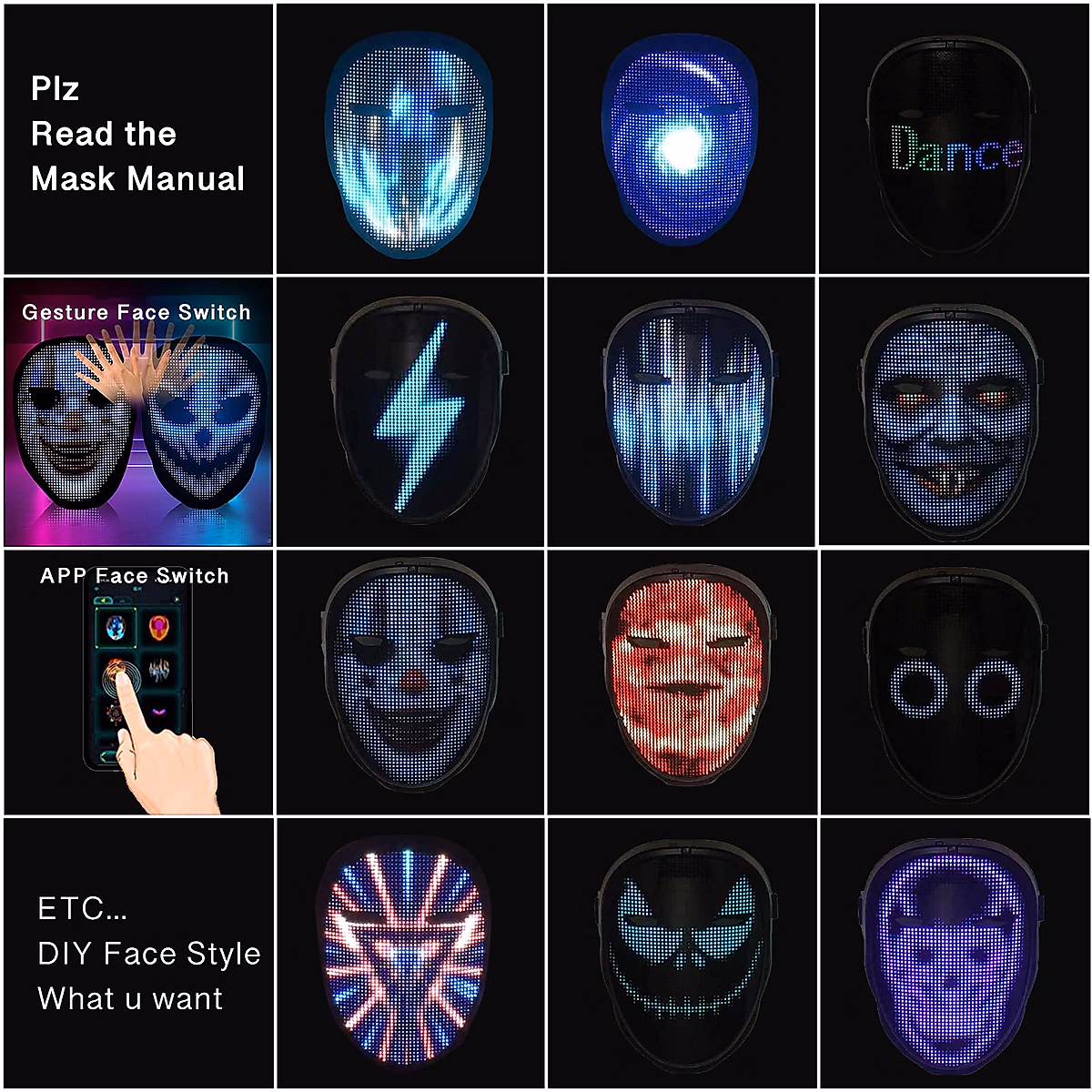 RHAPHONY Led Mask with Bluetooth Programmable, Halloween Light up Mask for Masquerade Party Costume Mask Cosplay Mask, Multicolor, Large