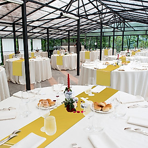 12 Pack 12x108 Inch Satin Table Runner and 84 Inch Round Plastic Tablecloths Set White and Gold Disposable Round Table Cover for Graduation Wedding Bridal Shower Anniversary Birthday Party Decorations