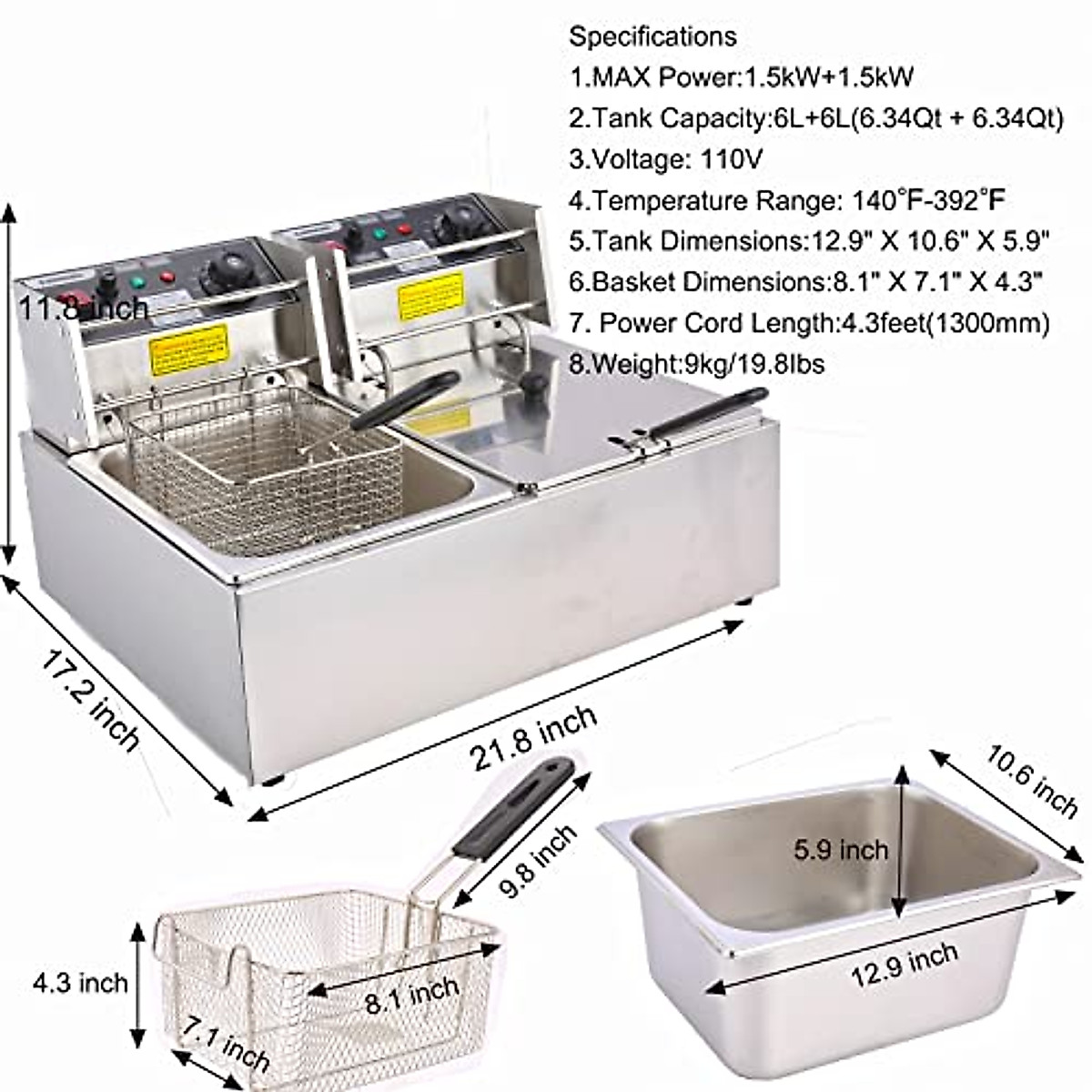 Casulo Electric Deep Fryer with Removable 2 x 6L Basket & Lid, 20.7QT Commercial Deep Fryers with Temperature Limiter, Stainless Steel Double Fryer for Turkey, French Fries, Donuts and More