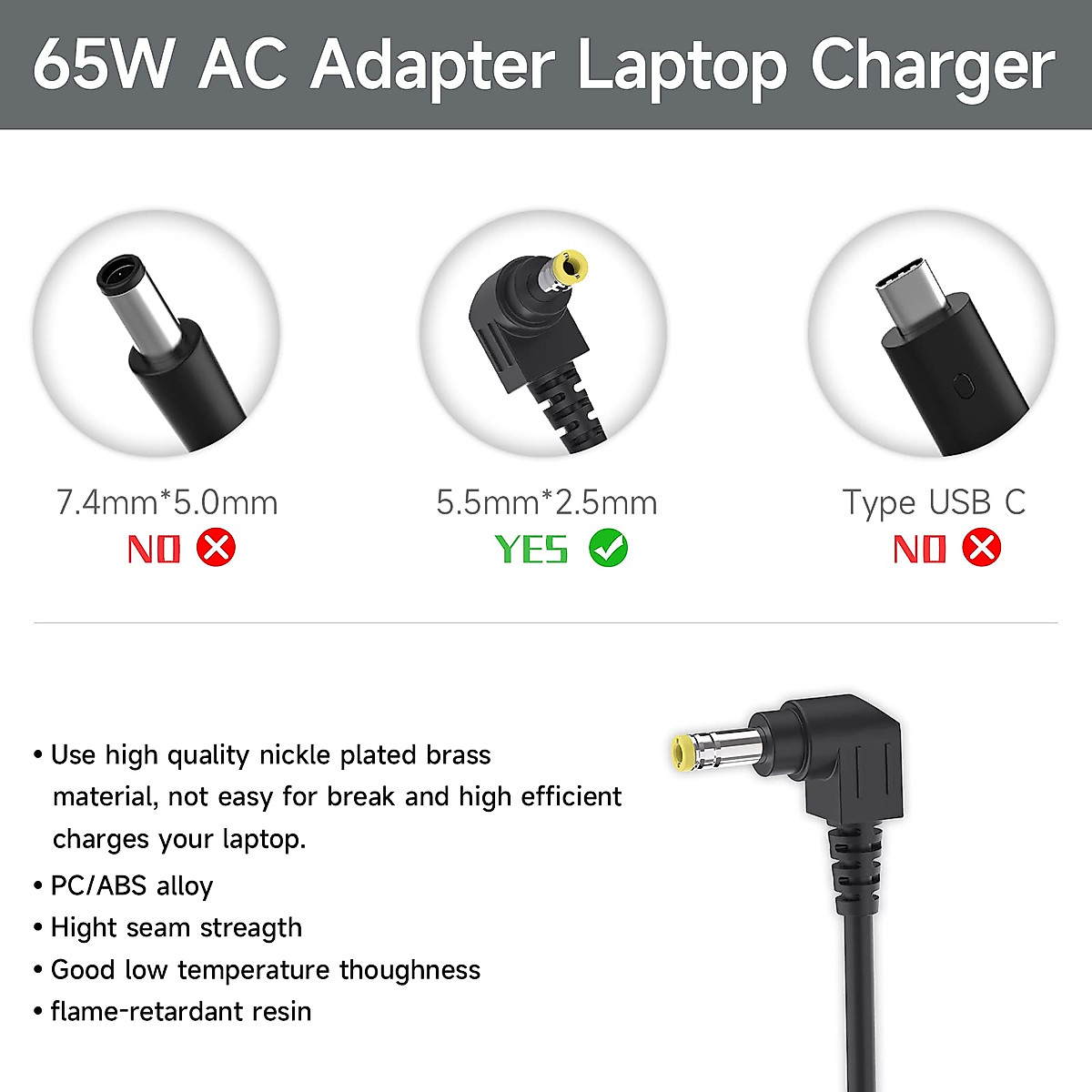65w Laptop Charger for Toshiba Satellite A205 A215 A655 C55 C55D C55T C655 C675 C855 L55 L655 L675 L745 L755 L855 P755 S55 Toshiba Portege Z30 Z930 Z830 Satellite Radius 11 14 15 DC Power Supply Cord