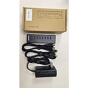 LATORICE Powered USB Hub - Multi-Port USB Hub with 7 USB 3.0 Ports, 3 Fast Charging USB 3 0 Ports, with Cords C and A, Power USB HUB Adapter