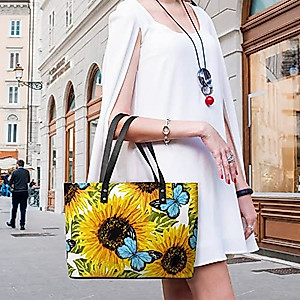 Womens Handbag Sunflowers Blue Butterflies Leather Tote Bag Top Handle Satchel Bags For Lady