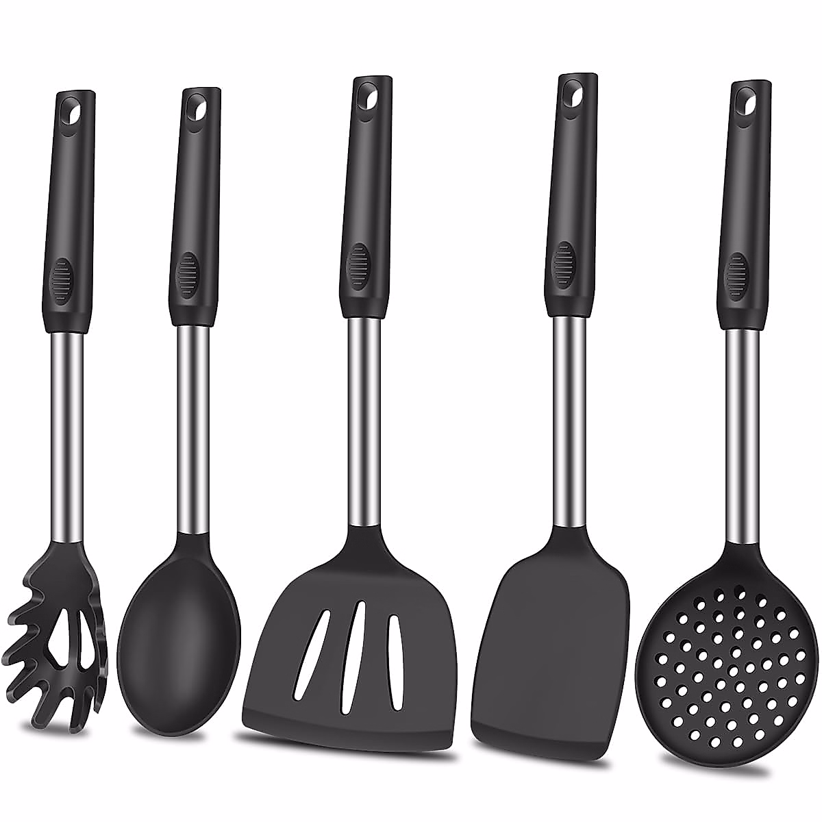KLAQQED 5Pcs Silicone Spatula Heat Resistant Long Large Spatulas Set for Nonstick Cookware, Rubber Pancake Fish Turner Spatula for Kitchen Use Silicone Spatula Cooking Kitchen Utensils Set Black