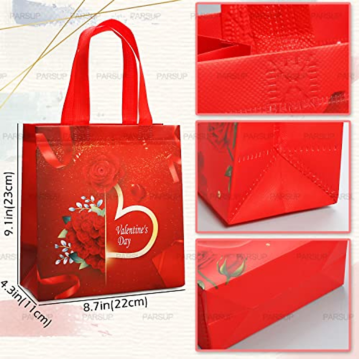 4PCS Happy Valentines Day Reusable Gift Bags, Treat Bags with Handles, Valentines Day Party Bags, Multifunctional Non-Woven Valentines Bags for Gifts Wrapping, Valentines Party Supplies, 8.7×9.2×4.3inch