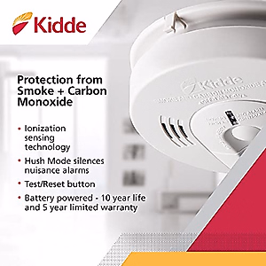 Kidde Smoke & Carbon Monoxide Detector with Voice Alerts, Battery Powered, Combination Smoke & CO Alarm & Smoke Detector with Safety Light for Hearing Impaired, Battery Operated Smoke Alarm