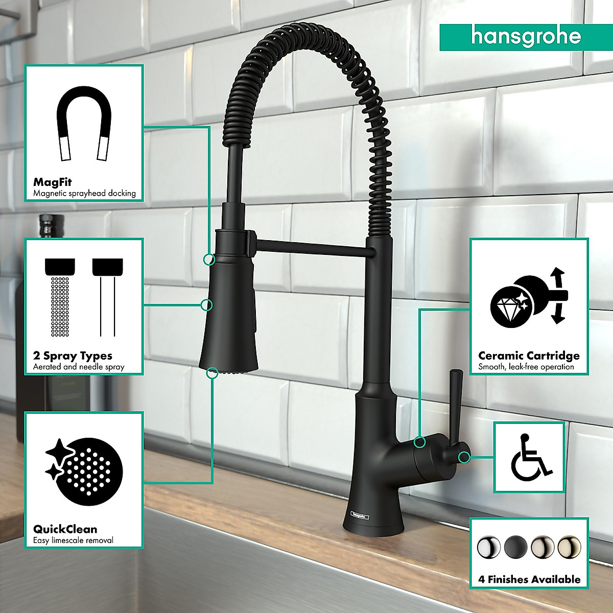 hansgrohe Joleena Black Commercial Kitchen Faucet, Kitchen Faucets with Pull Down Sprayer, Faucet for Kitchen Sink, Matte Black 04792670, 19.3-Inches Tall