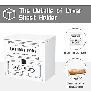 Farmhouse Dryer Sheet Holder with Hinged Lid, Rustic Wooden Dryer Sheet Dispenser and Laundry Pods Container, Laundry Sheet Storage Box Fabric Softener Dispenser for Laundry Room Decor (White)