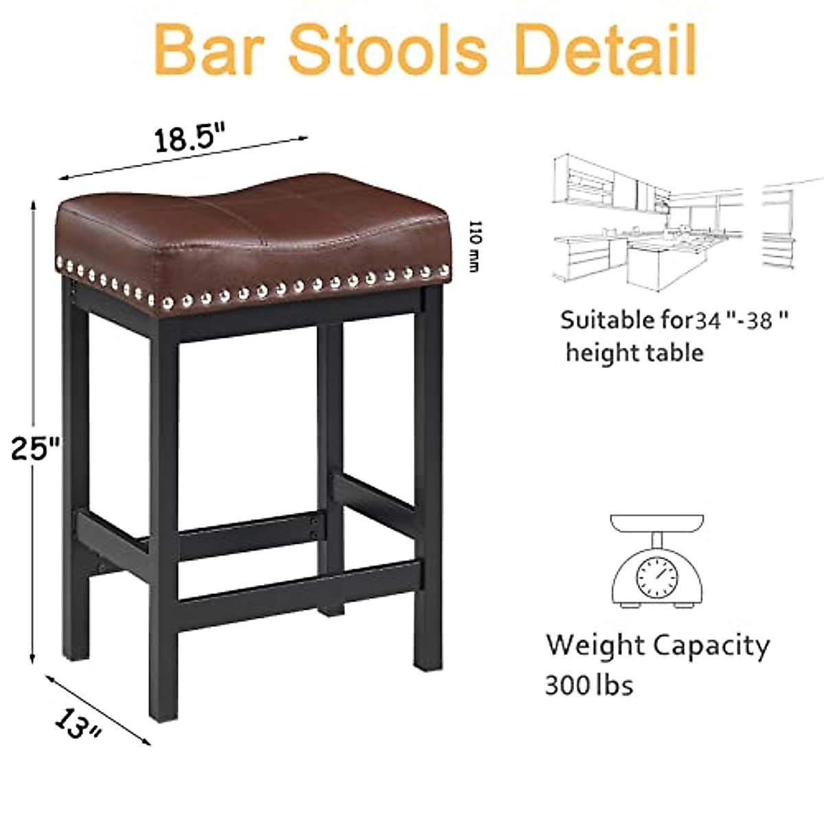 OUllUO Single Bar Stools, 24" Counter Height Bar stools, PU Leather Bar Stools for Kitchen Counter, Modern Metal Base Padded Saddle Barstool with Nailhead Trim Stools for Island,Brown,918BR1